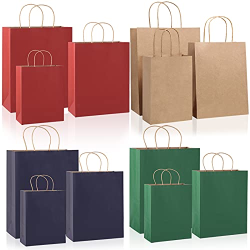 Qutienwa Extra Thick 24Pcs Gift Bags Assorted Sizes, 4Colors(Red/Blue/Green/Brown), 3Sizes(Large/Medium/Small), Perfect Solution for Christmas Mother's Day Father's Day Thanksgiving Birthday Party