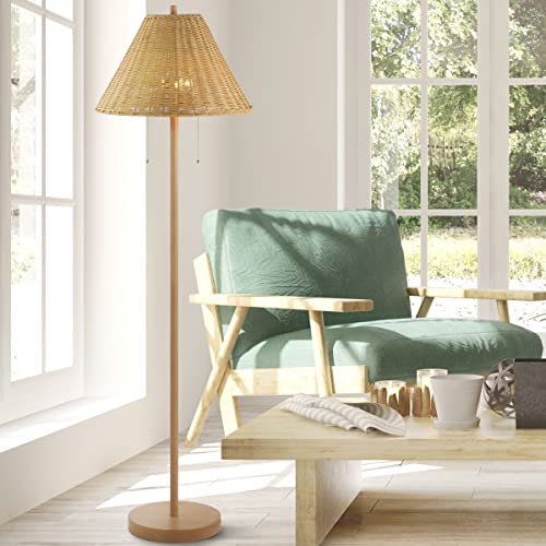 JONATHAN Y JYL3092A Nando 61" 2-Light Coastal Bohemian Iron/Rattan LED Floor Lamp with Pull-Chain Mid-Century, Modern Standing Reading Lamp LED Bulb Included, Brown Wood Finish