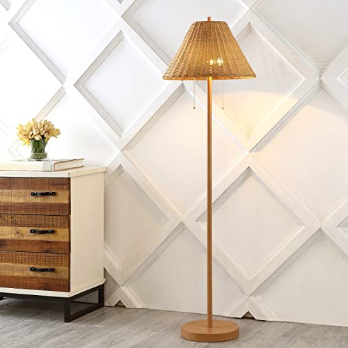 JONATHAN Y JYL3092A Nando 61" 2-Light Coastal Bohemian Iron/Rattan LED Floor Lamp with Pull-Chain Mid-Century, Modern Standing Reading Lamp LED Bulb Included, Brown Wood Finish