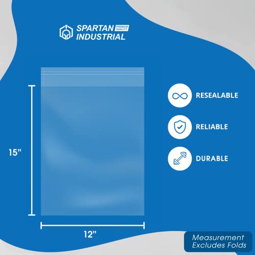 SPARTAN INDUSTRIAL - 12" X 15" (200 Count) Crystal Clear Resealable Polypropylene Poly Bags for Packaging, Clothing & T Shirts - Self Seal & Reinforced