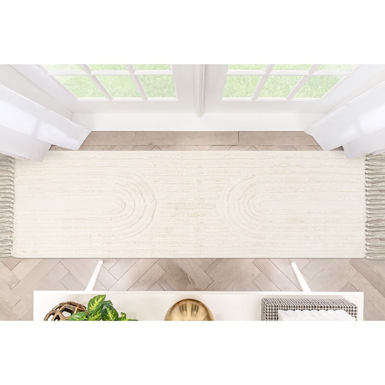 Lanffia Boho Runner Rug 2x6, Beige Bathroom Runner Washable Tufted Rainbow Rug with Tassels Indoor Farmhouse Neutral Floor Carpet for Kitchen Hallway Laundry Doorway Bedroom Living Room