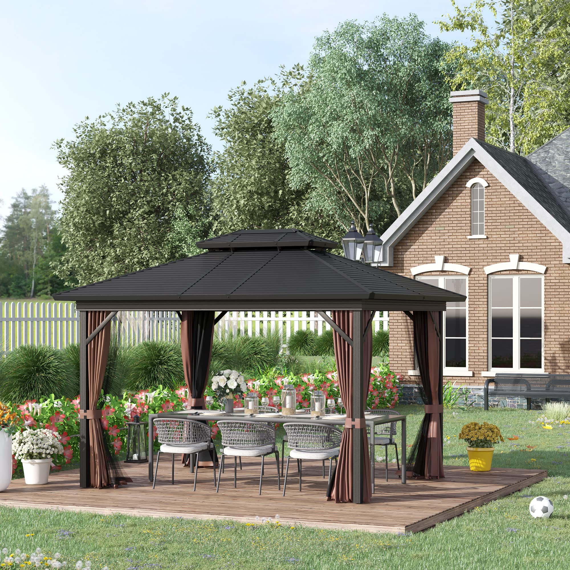 Outsunny 10' x 12' Hardtop Gazebo with Curtains and Netting, Permanent Pavilion Metal Double Roof Gazebo Canopy with Aluminum Frame and Hooks, for Garden, Patio, Backyard, Brown