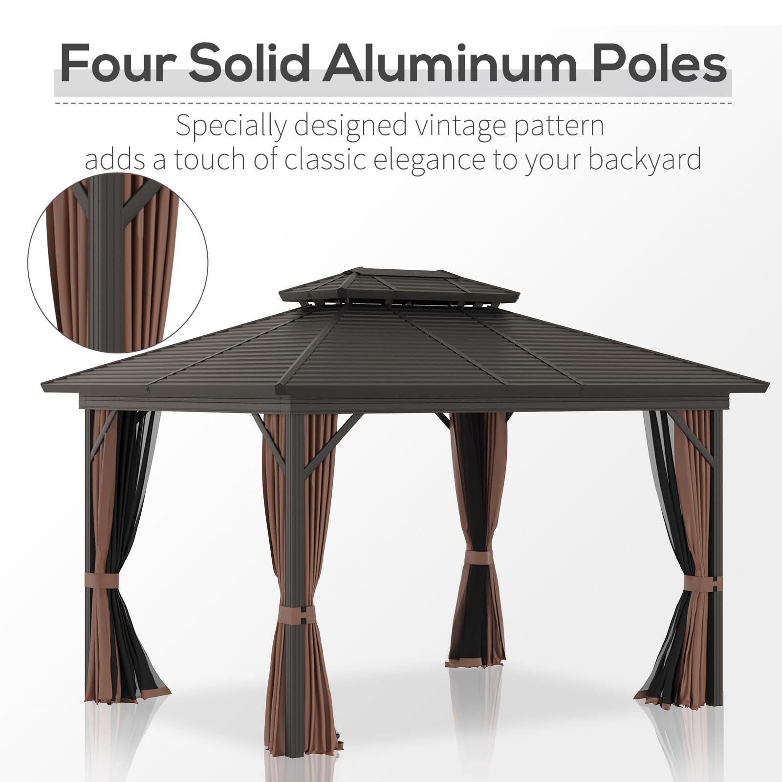 Outsunny 10' x 12' Hardtop Gazebo with Curtains and Netting, Permanent Pavilion Metal Double Roof Gazebo Canopy with Aluminum Frame and Hooks, for Garden, Patio, Backyard, Brown