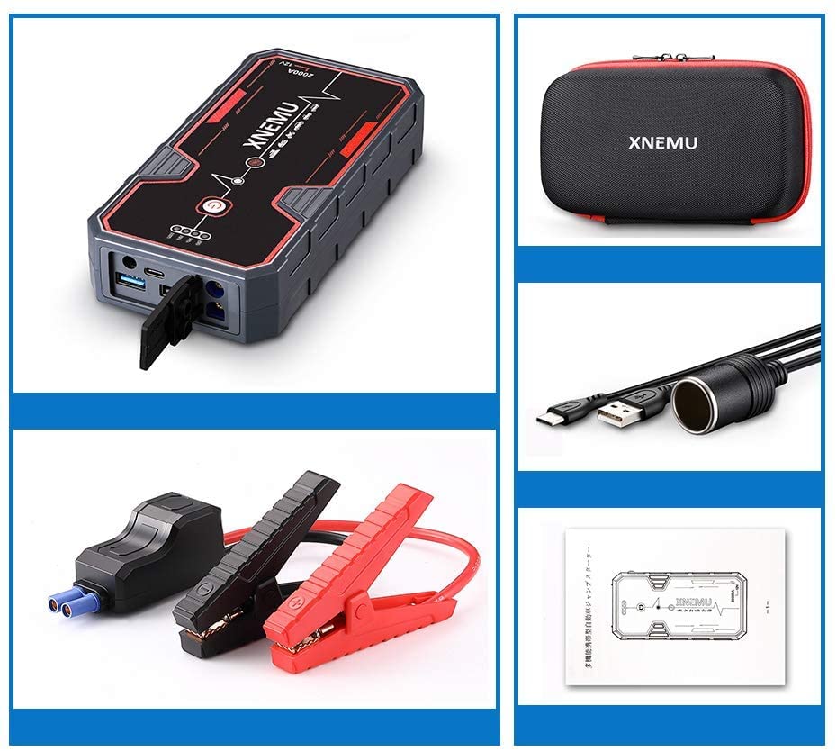XNEMU Car Jump Starter, 2000A Peak 20000mAh (Up to 8.0L Gas or 6.5L Diesel Engine) 12V Auto Booster Battery Pack Jump Box with Quick Charger Smart Jump Cables
