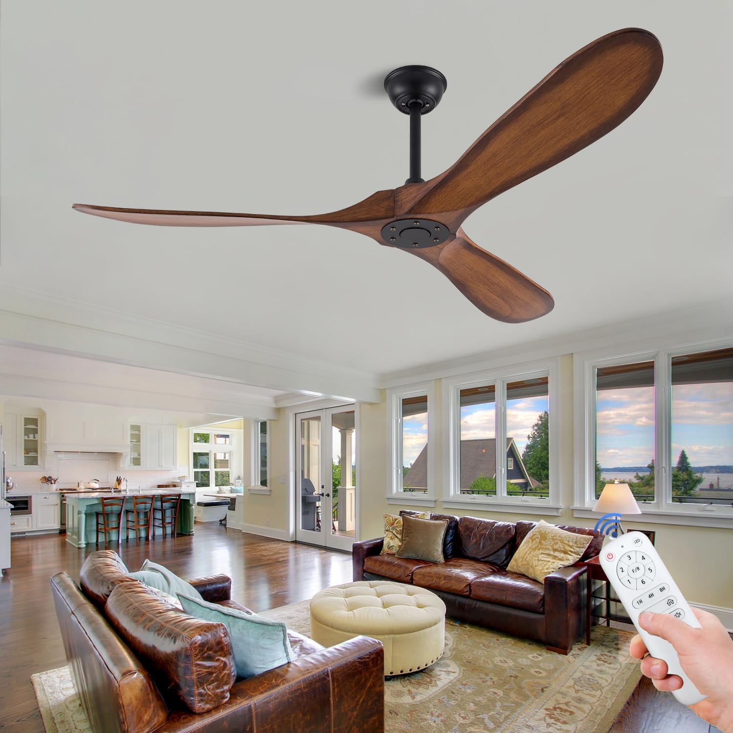 BOJUE 60 Inch Wood Ceiling Fan Without Light Remote Control, Low Profile Ceiling Fan Indoor Outdoor with 3 blade for Patio Living Room, Bedroom, Office, Summer House, Etc (Deep Walnut Blades)