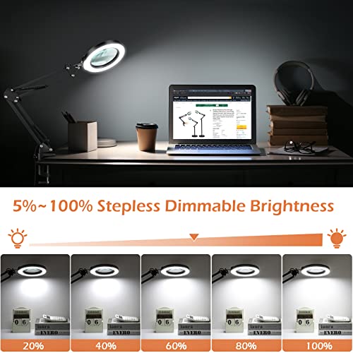 5X Magnifying Glass with Light and Stand, Krstlv LED 5 Color Modes, Stepless Dimmable Magnifying Floor Lamp, 3-in-1 Adjustable Swing Arm Lighted Magnifier Lamp with Clamp for Reading, Craft, Esthetic