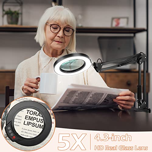5X Magnifying Glass with Light and Stand, Krstlv LED 5 Color Modes, Stepless Dimmable Magnifying Floor Lamp, 3-in-1 Adjustable Swing Arm Lighted Magnifier Lamp with Clamp for Reading, Craft, Esthetic