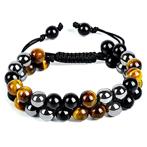 Triple Protection Bracelet Natural Black Obsidian Tigers Eye Hematite 8mm Beads Crystal Bracelet Healing Bracelets for Men Women Bring Prosperity Luck and Health