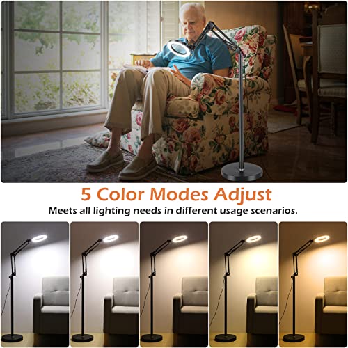 5X Magnifying Glass with Light and Stand, Krstlv LED 5 Color Modes, Stepless Dimmable Magnifying Floor Lamp, 3-in-1 Adjustable Swing Arm Lighted Magnifier Lamp with Clamp for Reading, Craft, Esthetic