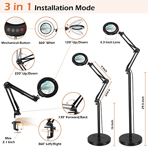 5X Magnifying Glass with Light and Stand, Krstlv LED 5 Color Modes, Stepless Dimmable Magnifying Floor Lamp, 3-in-1 Adjustable Swing Arm Lighted Magnifier Lamp with Clamp for Reading, Craft, Esthetic