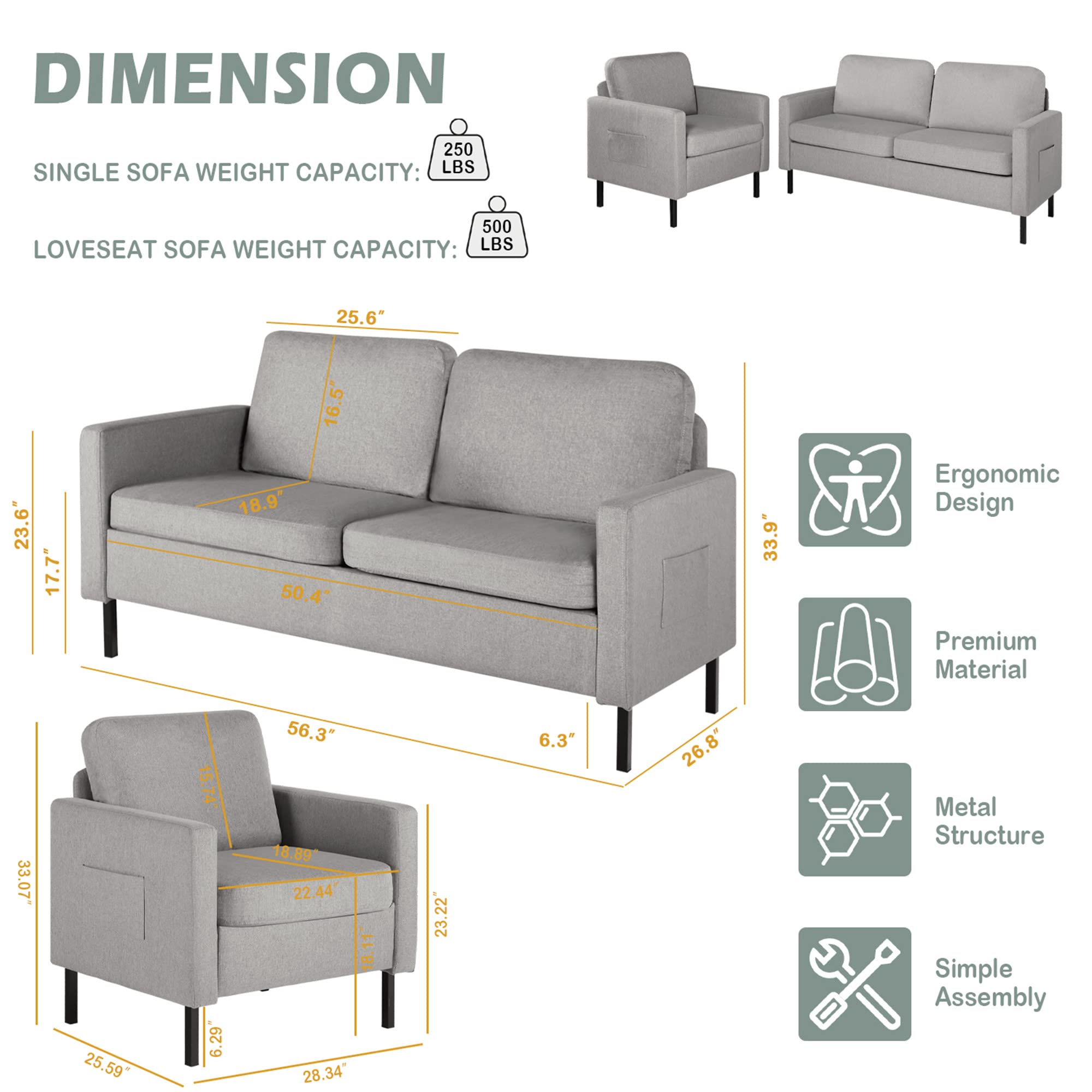 STHOUYN 2 Piece Upholstered Sectional Sofa Set Couches Sofas Living Room Furniture Sets, Loveseat with USB & Accent Chair, Grey Couch Bedroom Livingroom Apartment (2, Light Grey)