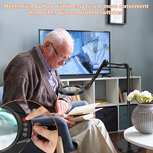 5X Magnifying Glass with Light and Stand, Krstlv LED 5 Color Modes, Stepless Dimmable Magnifying Floor Lamp, 3-in-1 Adjustable Swing Arm Lighted Magnifier Lamp with Clamp for Reading, Craft, Esthetic
