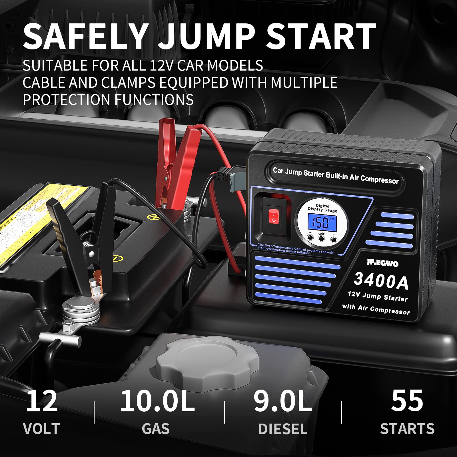 3400A Car Jump Starter with Air Compressor, 150PSI Tire Inflator with Digital Screen Pressure Gauge, 24000mAh 12V Auto Battery Booster (10.0L Gas/ 9.0LDiesel Engine), 2 USB Port 2 Light