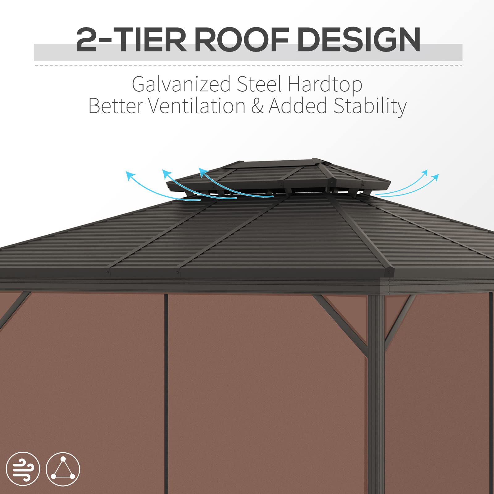 Outsunny 10' x 12' Hardtop Gazebo with Curtains and Netting, Permanent Pavilion Metal Double Roof Gazebo Canopy with Aluminum Frame and Hooks, for Garden, Patio, Backyard, Brown
