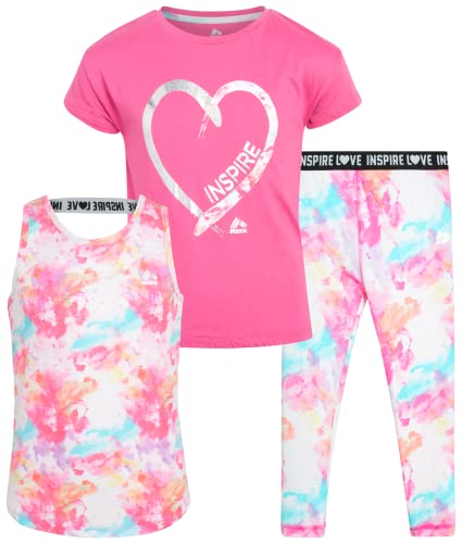 RBX Girls' Activewear Set - Short Sleeve Performance T-Shirt, Tank Top, and Capri Leggings (7-12), Size 10-12, Pink Cherry Inspire