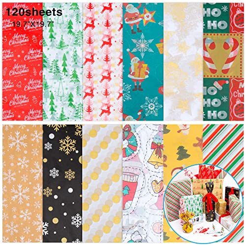 JroyJoy Christmas Tissue Paper, 12 Colors 120 Sheets (19.7” X 19.7”) + 108 Gift Tag Stickers, Holiday Gift Wrapping Tissue Paper for Xmas Gift Boxes Bags, Xmas Gift Wrapping Paper for Wine Bottles