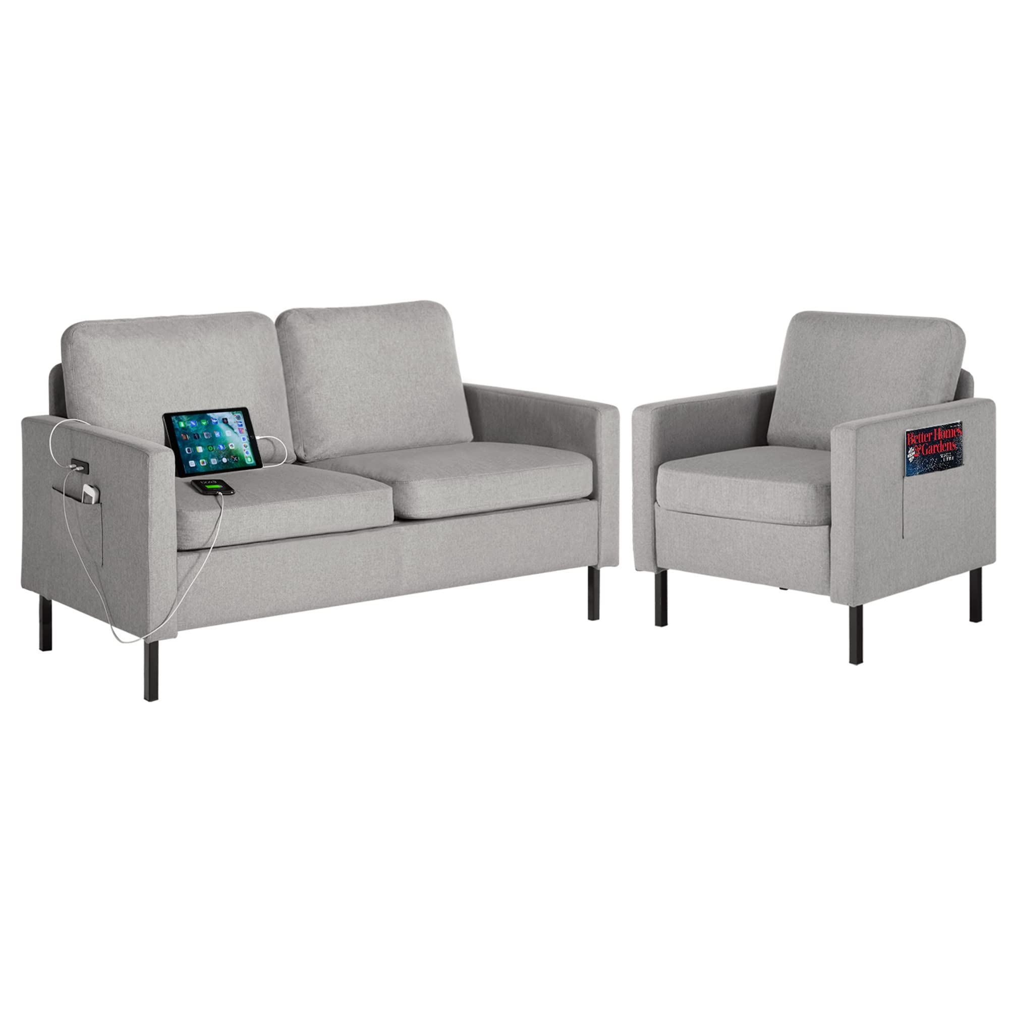 STHOUYN 2 Piece Upholstered Sectional Sofa Set Couches Sofas Living Room Furniture Sets, Loveseat with USB & Accent Chair, Grey Couch Bedroom Livingroom Apartment (2, Light Grey)