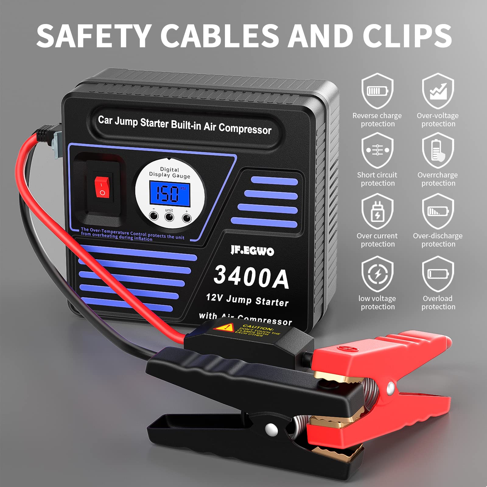 3400A Car Jump Starter with Air Compressor, 150PSI Tire Inflator with Digital Screen Pressure Gauge, 24000mAh 12V Auto Battery Booster (10.0L Gas/ 9.0LDiesel Engine), 2 USB Port 2 Light