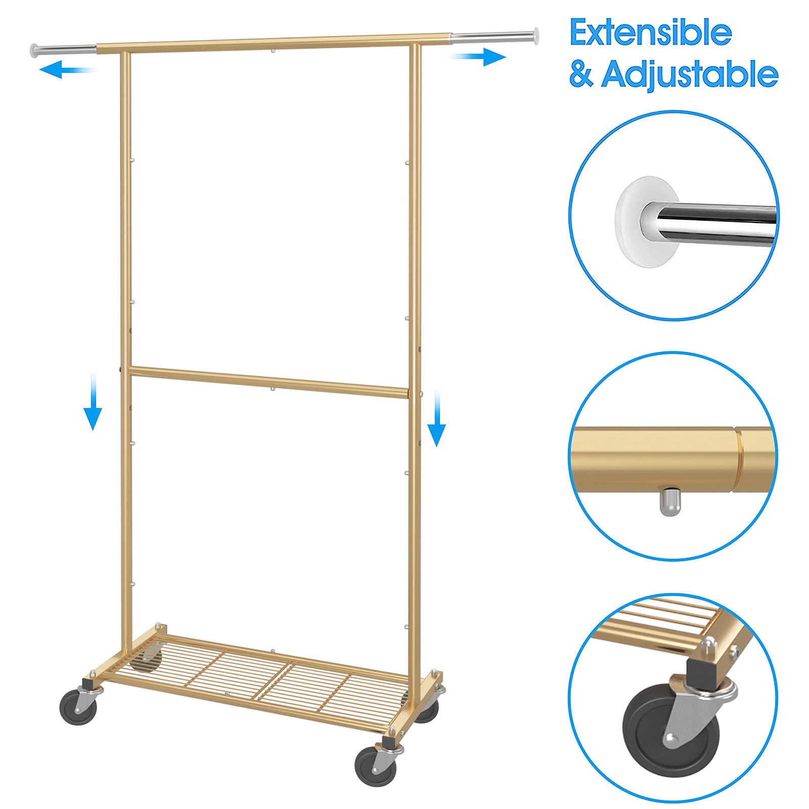 Simple Trending Standard Clothing Garment Rack, Rolling Clothes Organizer with Wheels and Bottom Shelves, Extendable, Golden Yellow