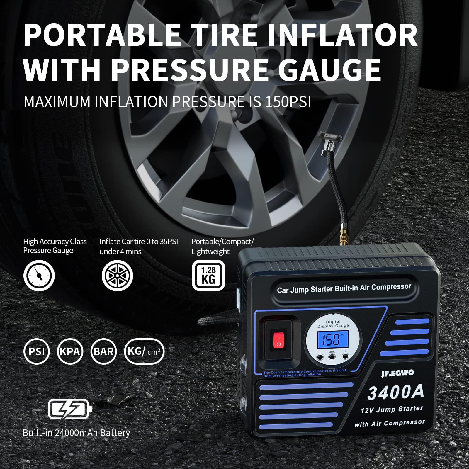 3400A Car Jump Starter with Air Compressor, 150PSI Tire Inflator with Digital Screen Pressure Gauge, 24000mAh 12V Auto Battery Booster (10.0L Gas/ 9.0LDiesel Engine), 2 USB Port 2 Light