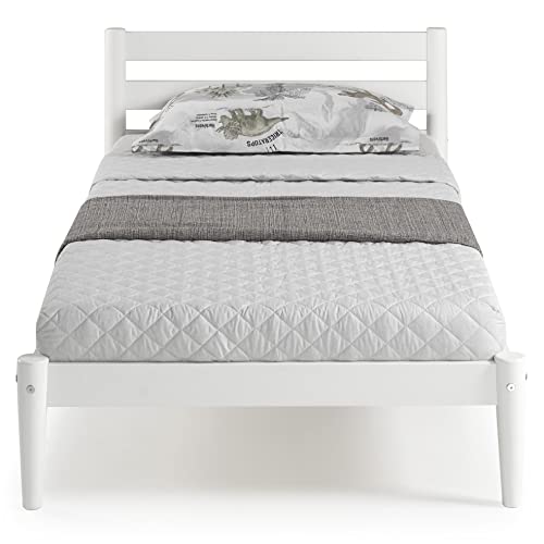 Camaflexi Mid-Century Modern Platform Bed/Solid Wood/Slat Headboard/Mattress Foundation of 10 Wood Slats - No Box Spring Needed/Easy Assembly, Mult. Colors, Twin (White)