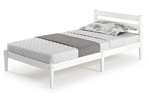 Camaflexi Mid-Century Modern Platform Bed/Solid Wood/Slat Headboard/Mattress Foundation of 10 Wood Slats - No Box Spring Needed/Easy Assembly, Mult. Colors, Twin (White)