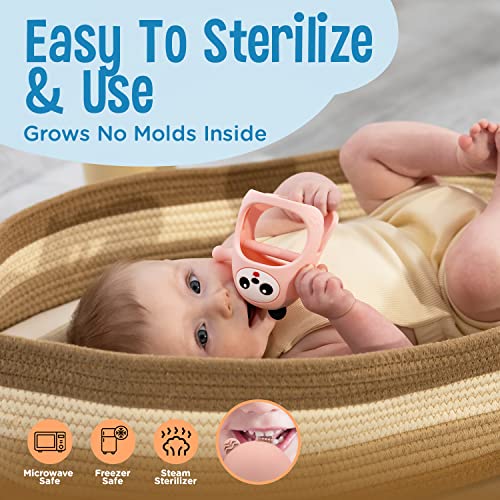 Teethers for Babies 0-6 Months - Panda Never Drop Teething Mittens - Nipple Like Baby Teether & Infant Toy - Teething Toys for Babies 6-12 Months Motor Skill, Gum & Teeth Development (Pink)