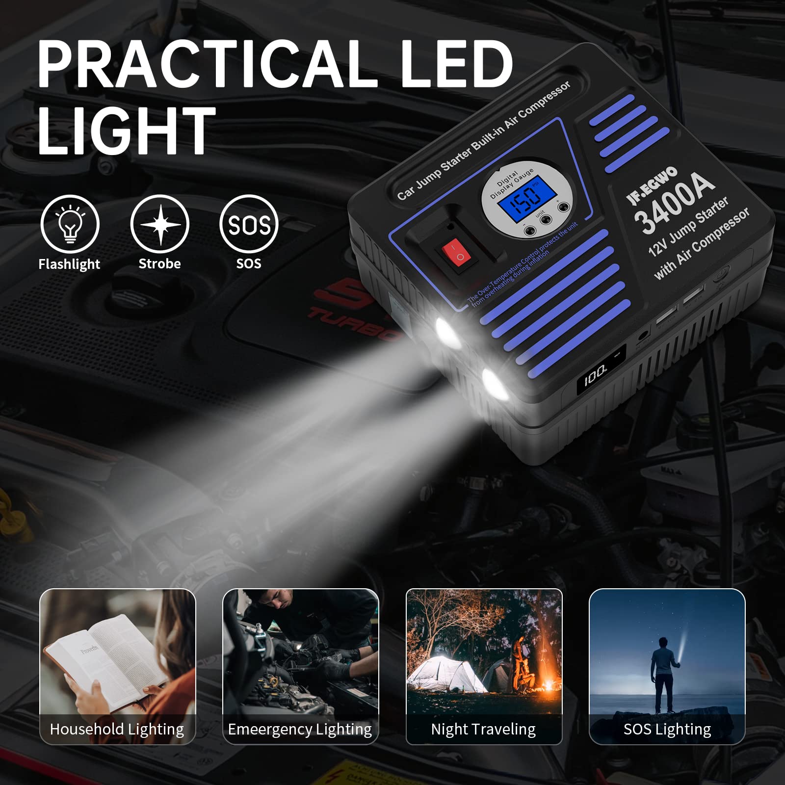 3400A Car Jump Starter with Air Compressor, 150PSI Tire Inflator with Digital Screen Pressure Gauge, 24000mAh 12V Auto Battery Booster (10.0L Gas/ 9.0LDiesel Engine), 2 USB Port 2 Light