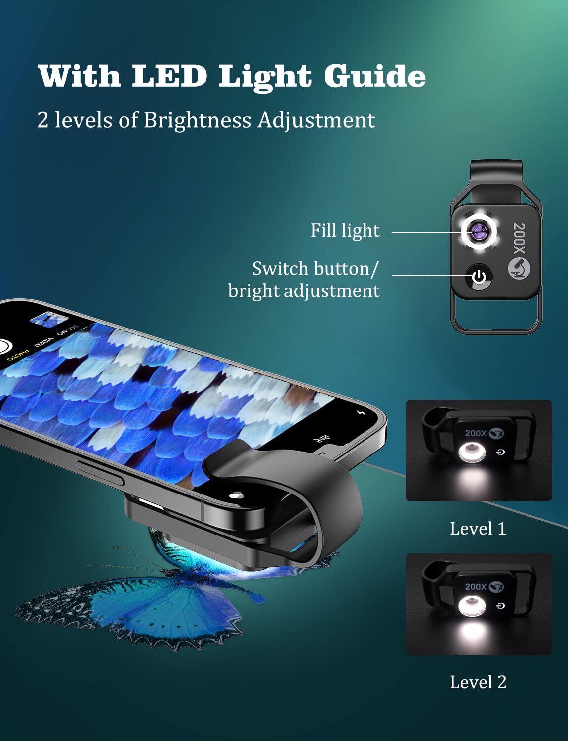 Phone Microscope with CPL Lens/LED Light, Nano Zoom 200X Pocket Microscope Camera Attachment with Universal Clip for Most iPhone/Andriod Phone - The Best Gift to Enjoy Microworld for Kids and Adults