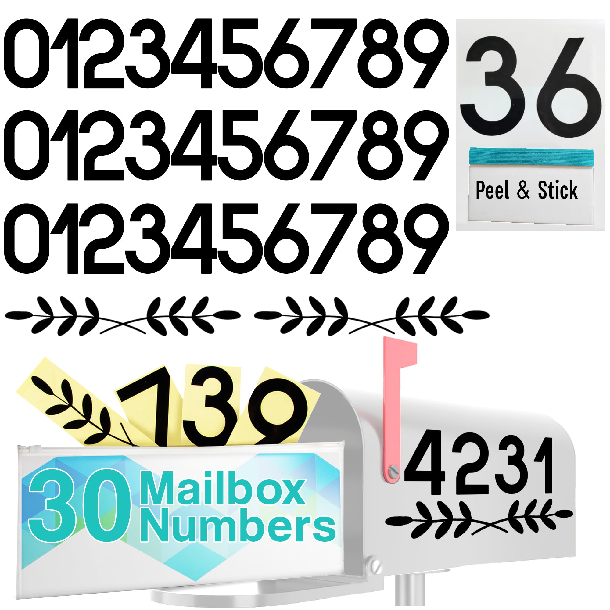 Decorful Mailbox Numbers for Outside - 3 Sets of 0-9 Waterproof Vinyl Mailbox Stickers - House Address Numbers for Mailbox - Strong Adhesive Peel and Stick Number Decals (Black, 2 Inch)
