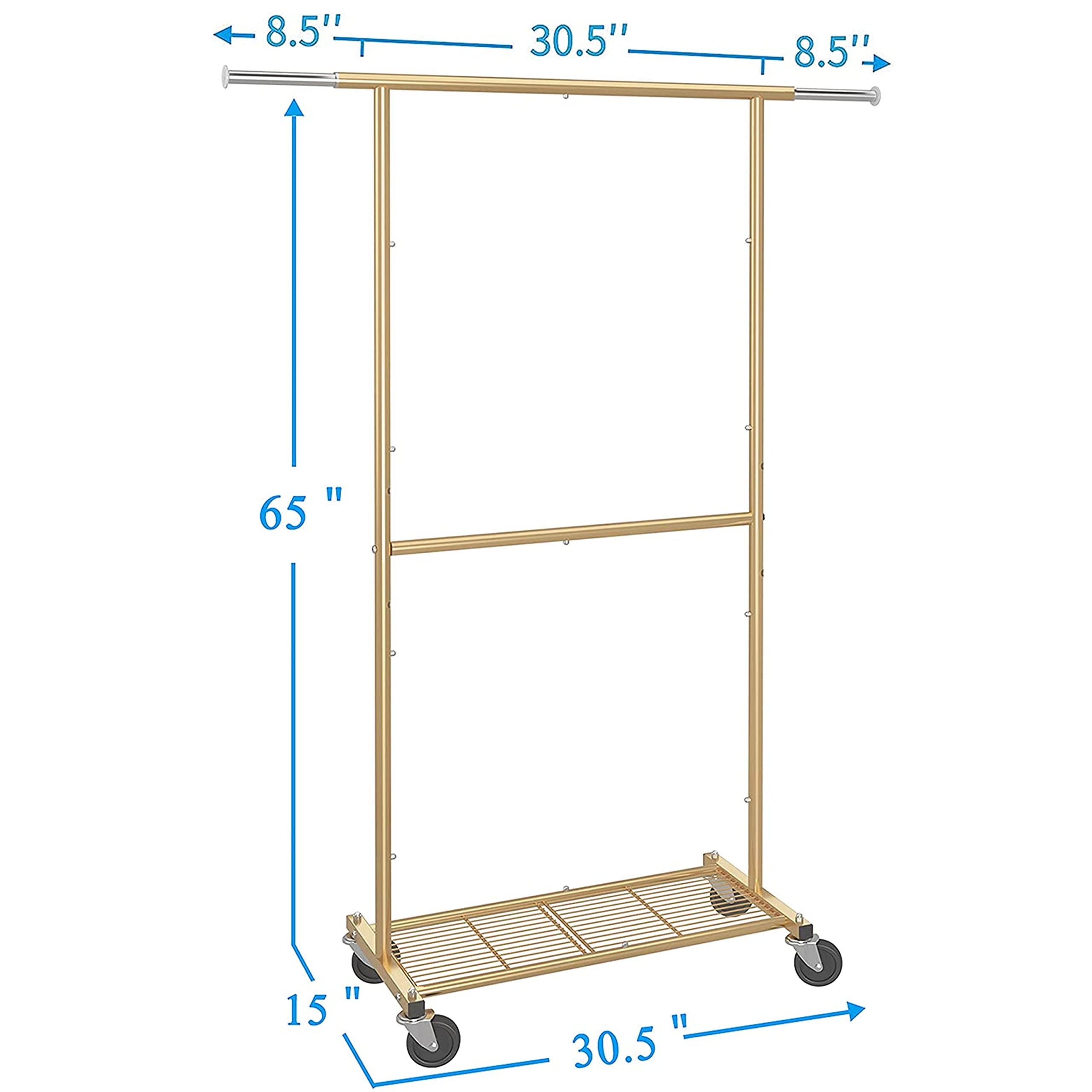 Simple Trending Standard Clothing Garment Rack, Rolling Clothes Organizer with Wheels and Bottom Shelves, Extendable, Golden Yellow