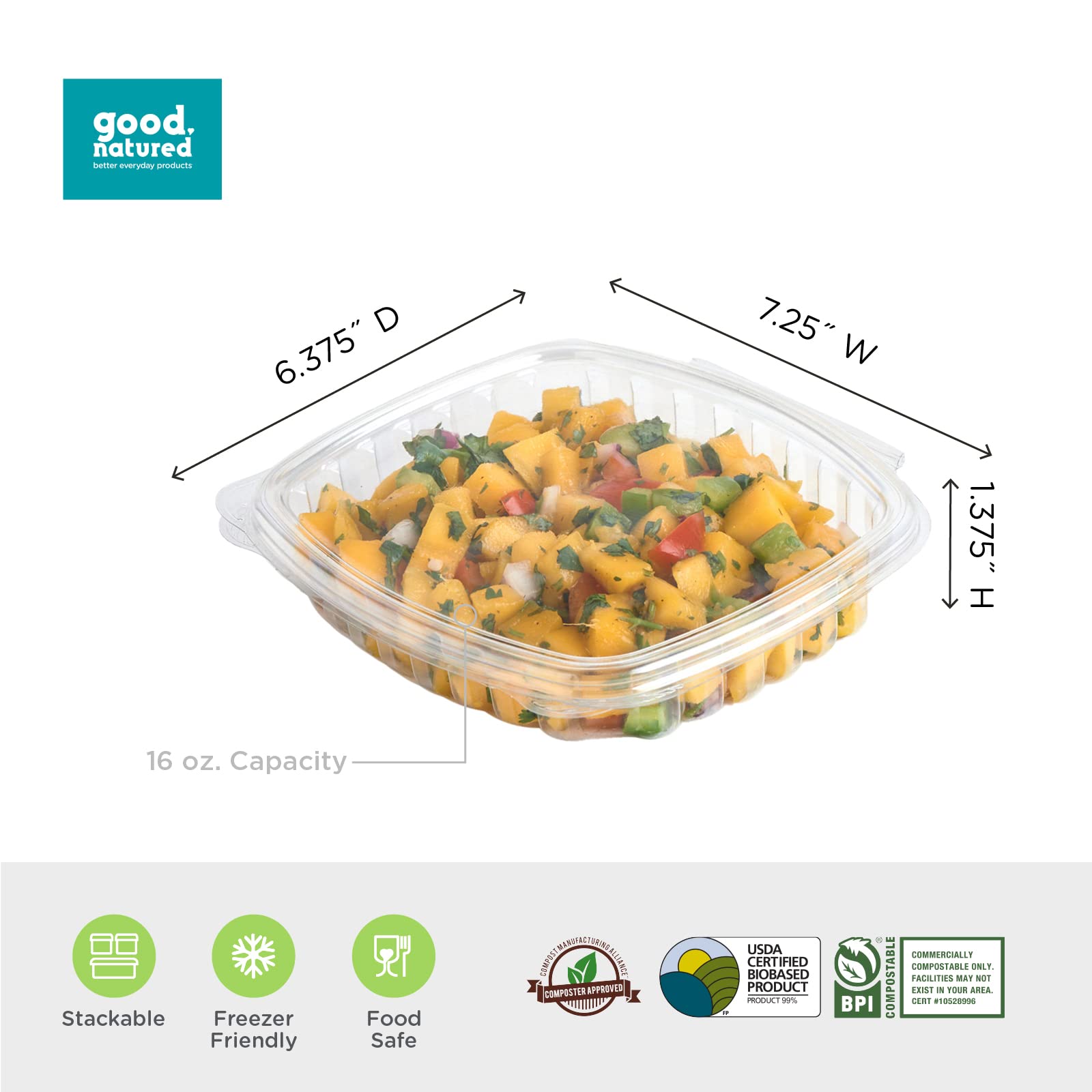 good natured 16 oz. 200 Pack - Multi-purpose Clamshell Package – 99% Plant-Based Clear Food Storage Containers – Lightweight To-Go Boxes - BPA - Free Food Packaging