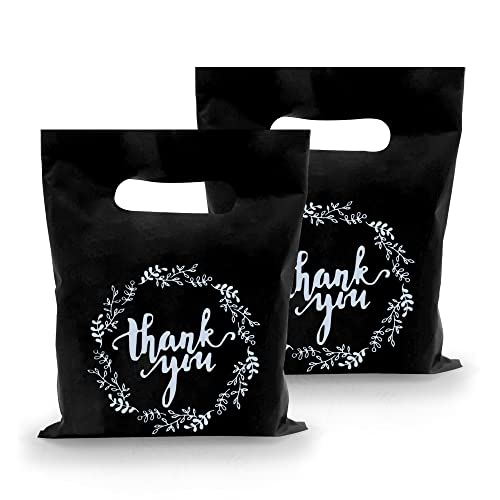 KDPATFAV 70 PCS 9" x 12" Plastic Merchandise Bags Shopping Bags with Thank You Logo Boutique Bags with Handles for Birthday Party Baby Shower Wedding Trade Shows and More (Black)