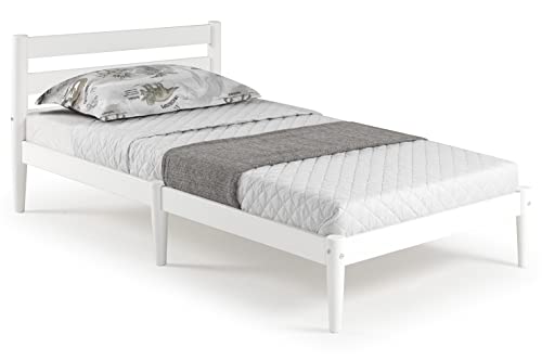 Camaflexi Mid-Century Modern Platform Bed/Solid Wood/Slat Headboard/Mattress Foundation of 10 Wood Slats - No Box Spring Needed/Easy Assembly, Mult. Colors, Twin (White)