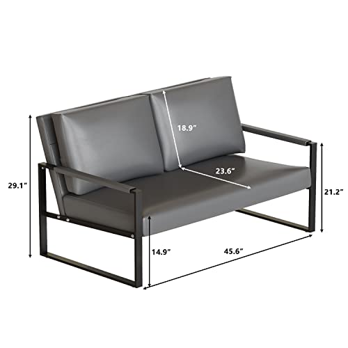 Lamerge Mid-Century Modern Leather Loveseat, 2-seat Loveseat Sofa Couch,Living Room Loveseat Metal Armchair Accent Chair,Upholstered Sofas for Small Space,Bedroom, Apartment,Easy-Assembly, Grey