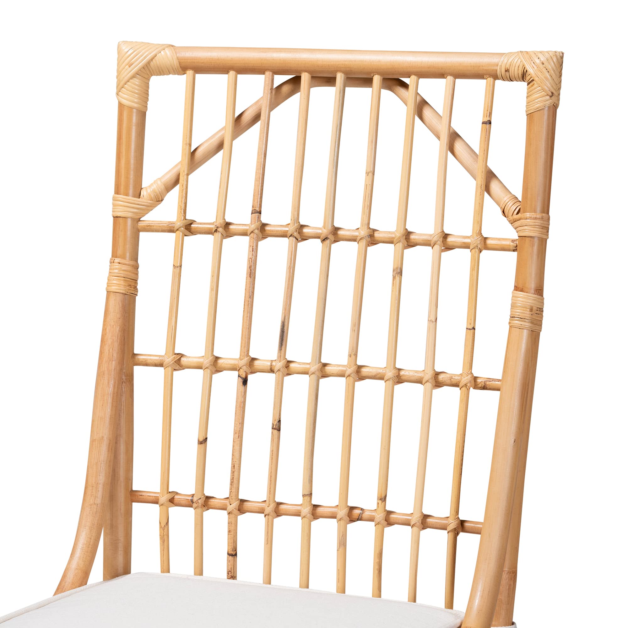 Baxton Studio Rose Dining Chair Dining Chair White Fabric Upholstered and Natural Brown Rattan Dining Chair