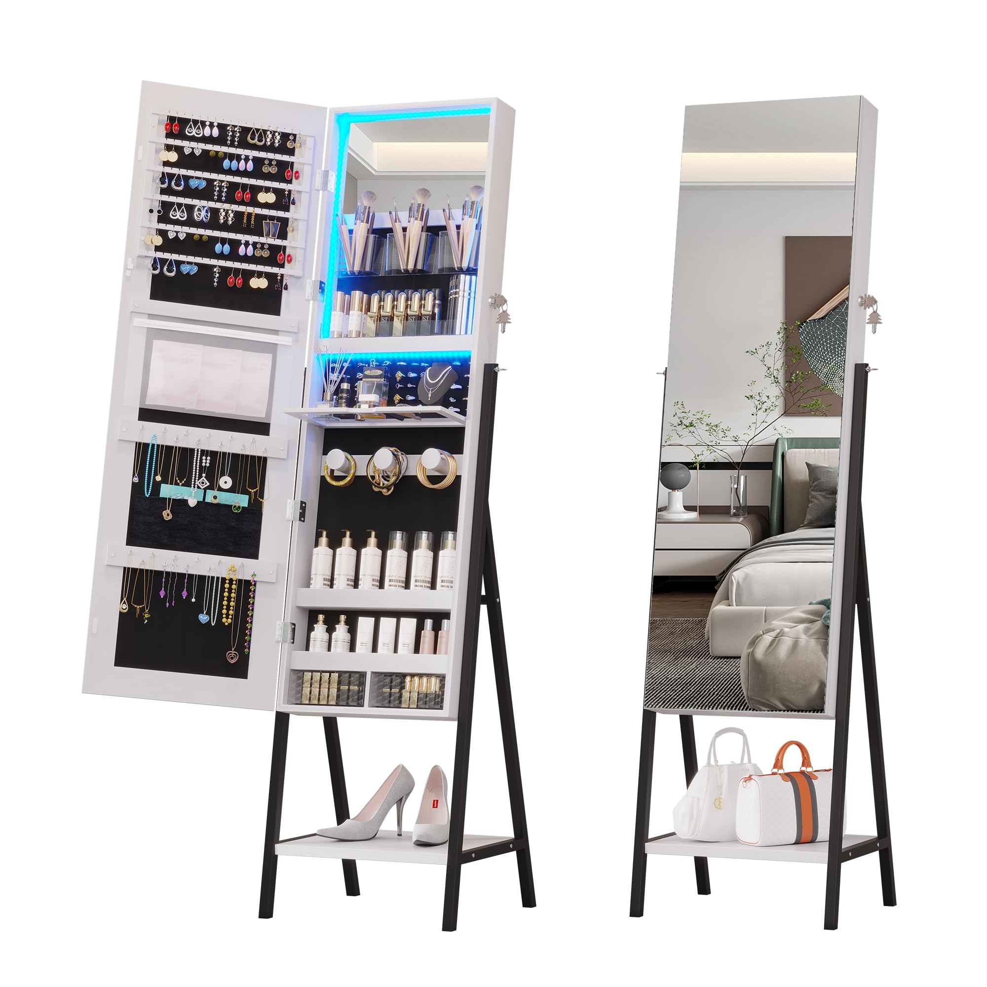 jajov 47.2" LED Jewelry Cabinet Armoire, Standing Mirror with Jewelry Storage, Jewelry Organizer Armoire with Full Length Mirror, Lockable Jewelry Mirror Cabinet (White)