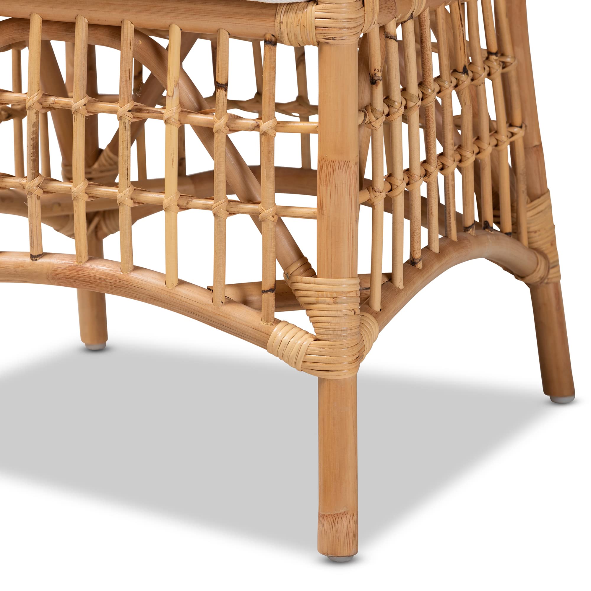 Baxton Studio Rose Dining Chair Dining Chair White Fabric Upholstered and Natural Brown Rattan Dining Chair