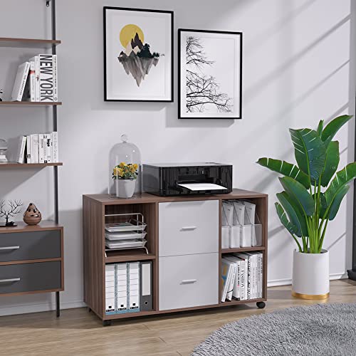 WILLIAMSPACE File Cabinet for Home Office,Filling Cabinets with 2 Drawer & 4 Open Shelves, Printer Stand with Storage Cabinet, Lateral Filling Cabinets on Wheels/Scanner (2 Drawer,Walnut + Grey)