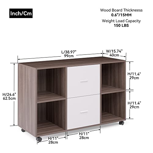 WILLIAMSPACE File Cabinet for Home Office,Filling Cabinets with 2 Drawer & 4 Open Shelves, Printer Stand with Storage Cabinet, Lateral Filling Cabinets on Wheels/Scanner (2 Drawer,Walnut + Grey)