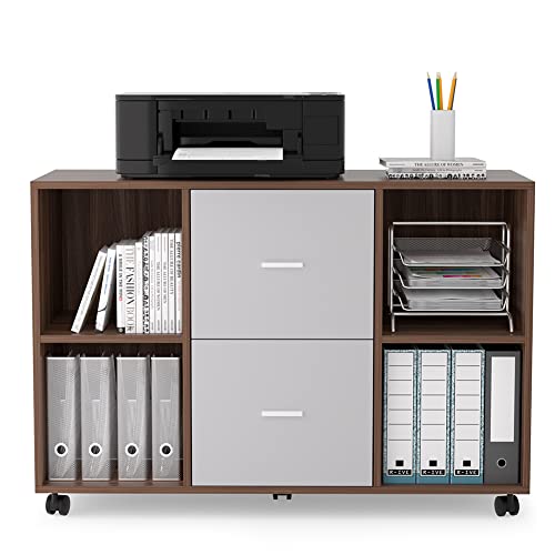 WILLIAMSPACE File Cabinet for Home Office,Filling Cabinets with 2 Drawer & 4 Open Shelves, Printer Stand with Storage Cabinet, Lateral Filling Cabinets on Wheels/Scanner (2 Drawer,Walnut + Grey)