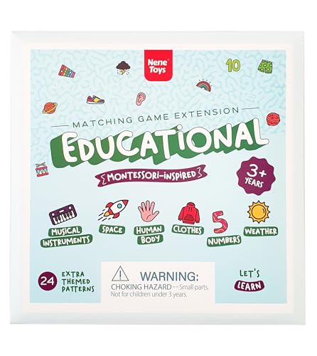 Nene Toys Educational Memory Extension Cards - 24 Extra Themed Patterns – Additional Matching Cards with Numbers, Letters, Animals, Body Parts [Nene Toys Exclusive Size]