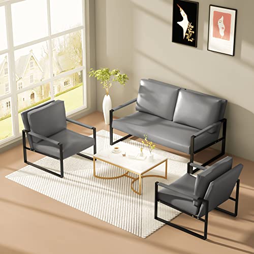 Lamerge Mid-Century Modern Leather Loveseat, 2-seat Loveseat Sofa Couch,Living Room Loveseat Metal Armchair Accent Chair,Upholstered Sofas for Small Space,Bedroom, Apartment,Easy-Assembly, Grey