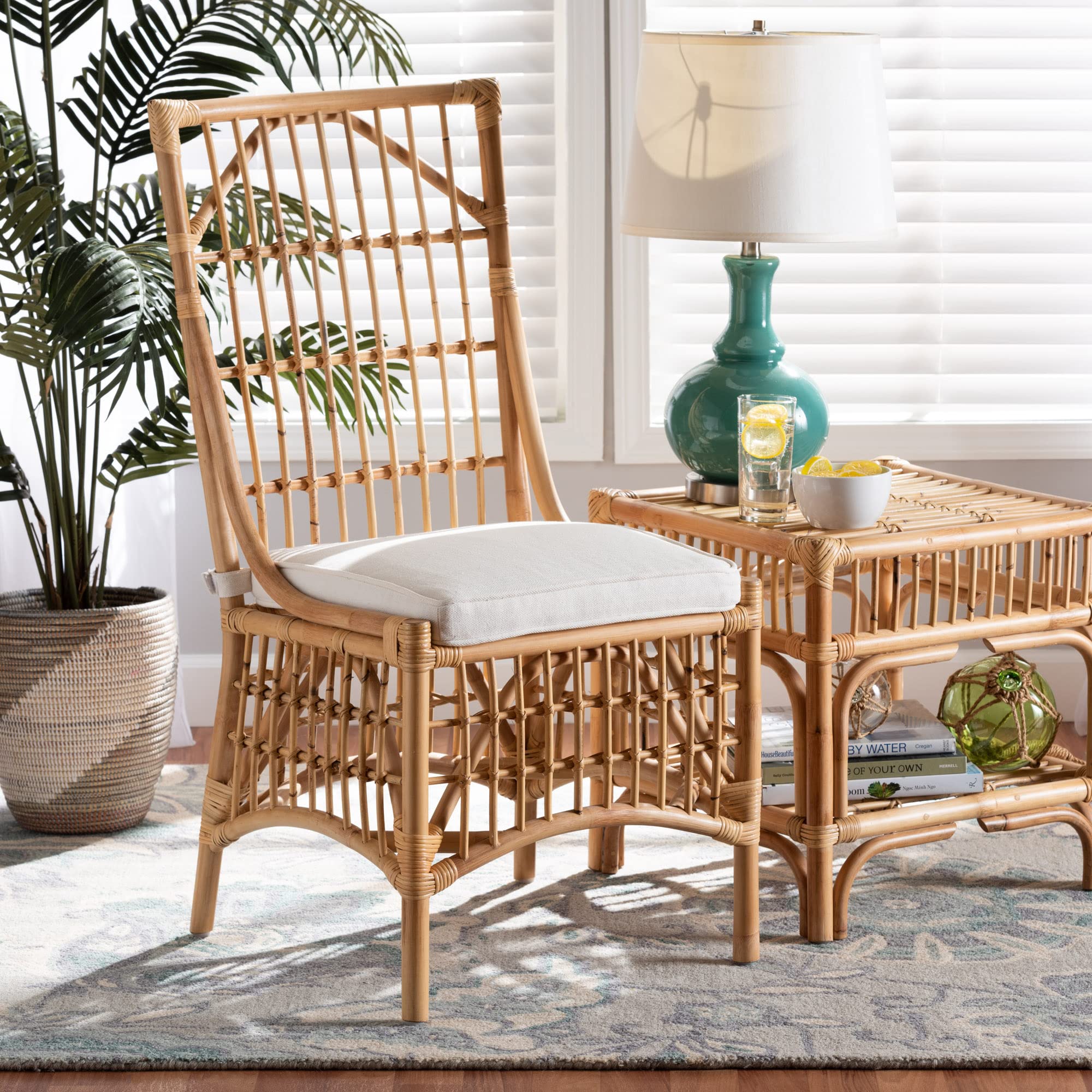 Baxton Studio Rose Dining Chair Dining Chair White Fabric Upholstered and Natural Brown Rattan Dining Chair