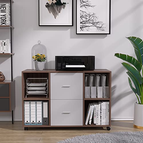 WILLIAMSPACE File Cabinet for Home Office,Filling Cabinets with 2 Drawer & 4 Open Shelves, Printer Stand with Storage Cabinet, Lateral Filling Cabinets on Wheels/Scanner (2 Drawer,Walnut + Grey)