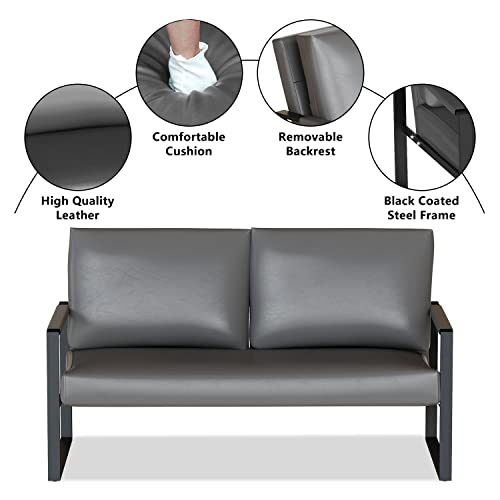 Lamerge Mid-Century Modern Leather Loveseat, 2-seat Loveseat Sofa Couch,Living Room Loveseat Metal Armchair Accent Chair,Upholstered Sofas for Small Space,Bedroom, Apartment,Easy-Assembly, Grey