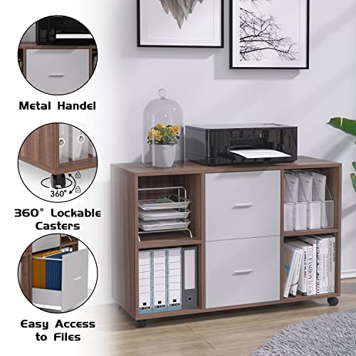 WILLIAMSPACE File Cabinet for Home Office,Filling Cabinets with 2 Drawer & 4 Open Shelves, Printer Stand with Storage Cabinet, Lateral Filling Cabinets on Wheels/Scanner (2 Drawer,Walnut + Grey)
