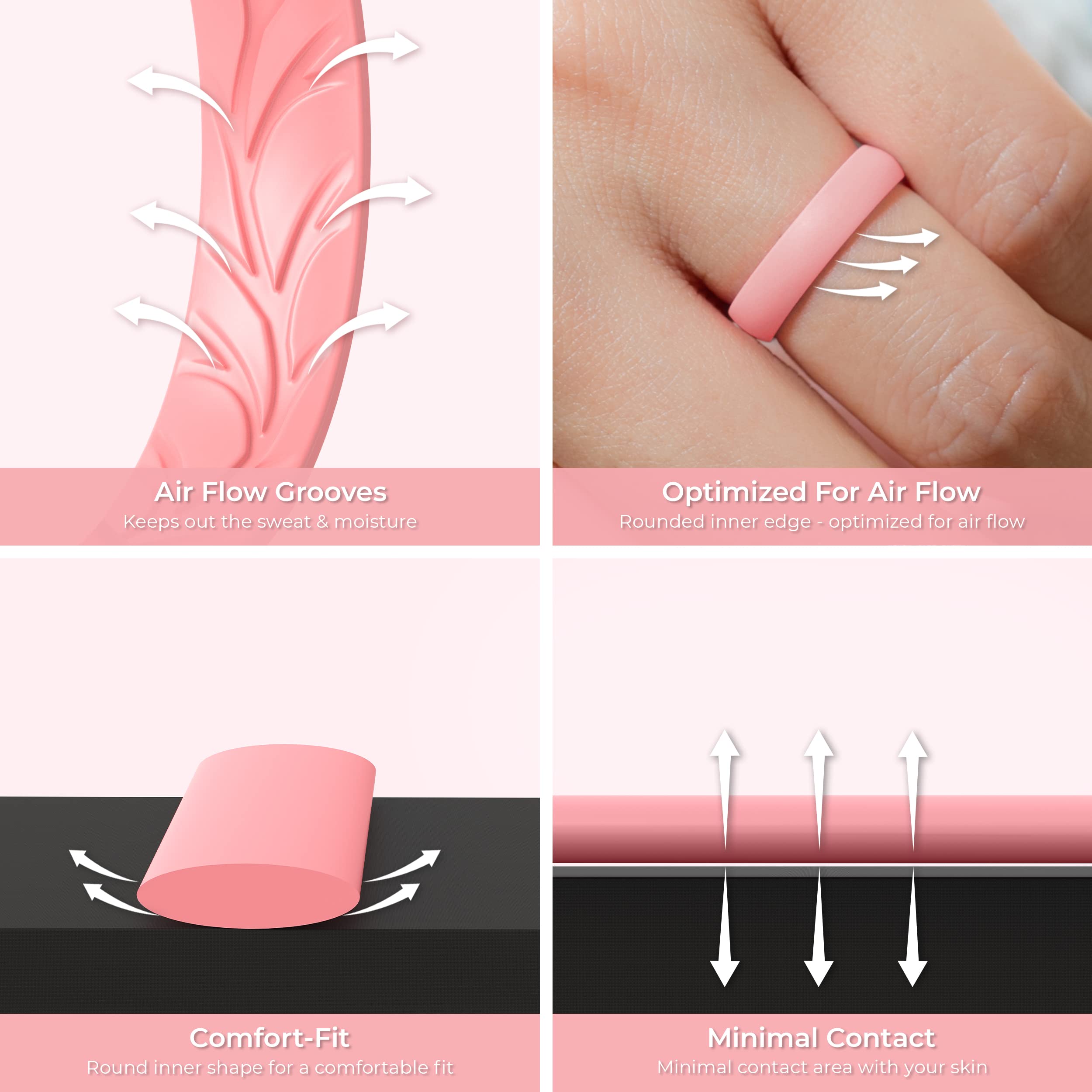ThunderFit Women Silicone Wedding Rings, Breathable Leaf Cross Pattern Engagement Bands 4mm Wide 1.5mm Thick - 1/4 Variety Multipack (Rose Gold - Size 7.5-8 (18.2mm))