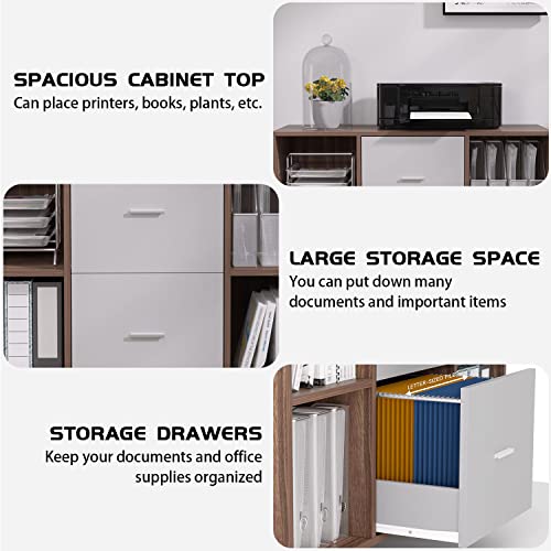 WILLIAMSPACE File Cabinet for Home Office,Filling Cabinets with 2 Drawer & 4 Open Shelves, Printer Stand with Storage Cabinet, Lateral Filling Cabinets on Wheels/Scanner (2 Drawer,Walnut + Grey)