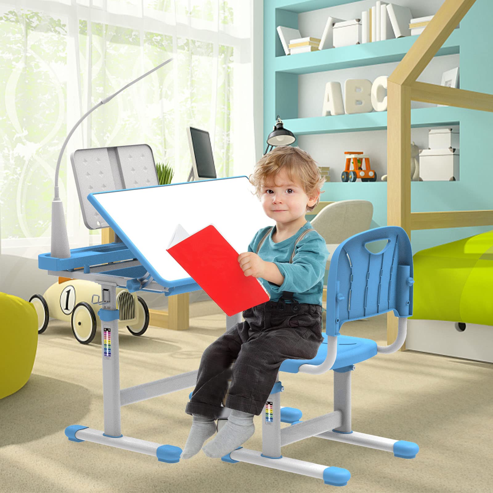 BELANITAS Kids Desk and Chair Set 10-12 Years Old Height Adjustable School Desk,Ergonomic Student Table for Kids with Tilt-able Desktop,Kids Study Desk for Go Back School Gift Blue